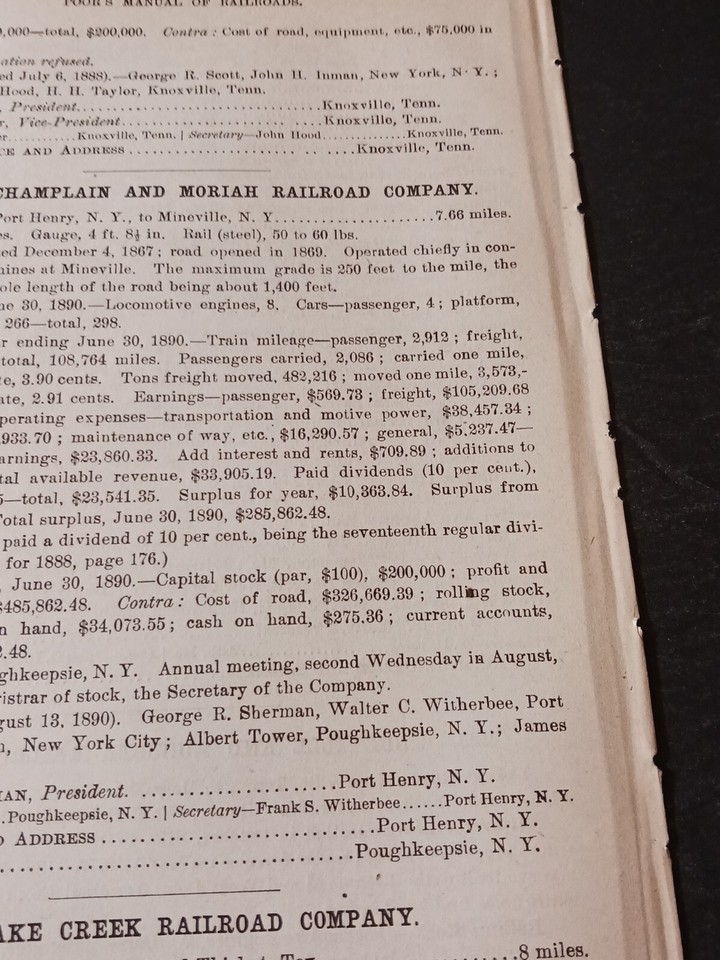 1891 train report LAKE CHAMPLAIN & MORIAH RAILROAD Port Henry Mineville New York | eBay