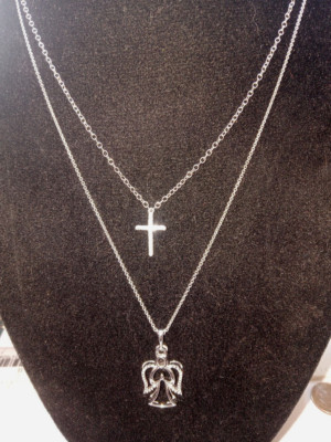 2- 925 NECKLACES, OPEN ANGEL 925 CZ, 18" & 925 CZ CROSS, 16" NECKLACES ...