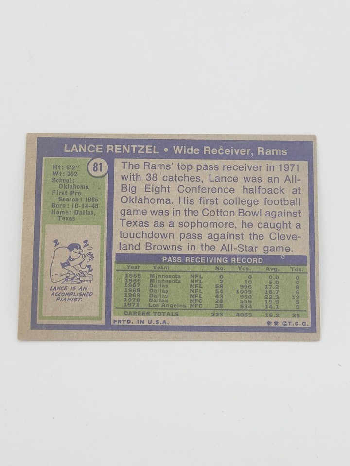 1972 Topps Lance Rentzel Rams Football NFL Vintage | eBay