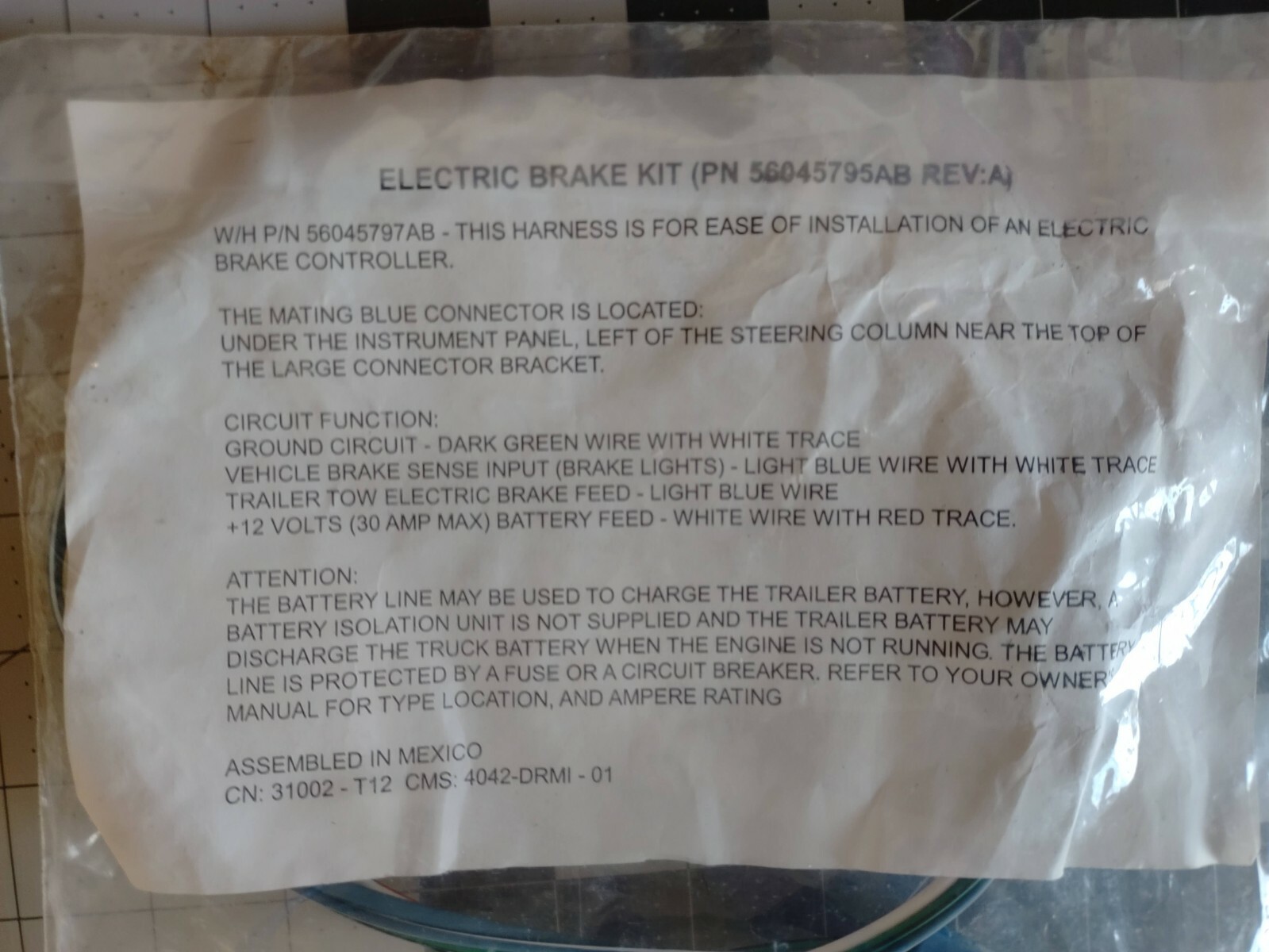 Chrysler Electric Brake Kit Mopar 56045795AB REV:A DODGE RAM 1500/2500 ...