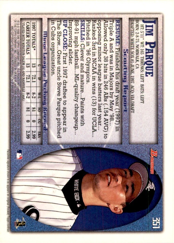 1998 Bowman Jim Parque . Chicago White Sox #351 | eBay