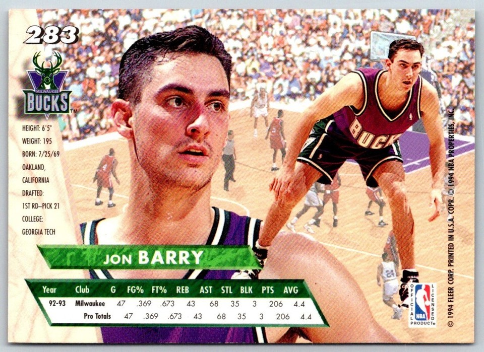 1993 Ultra Jon Barry #283 Milwaukee Bucks Basketball Card | eBay