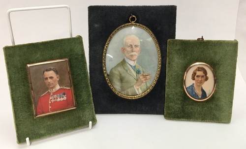 Miniatures Antique Trio Of Hand Painted Portraits In Velvet Covered ...