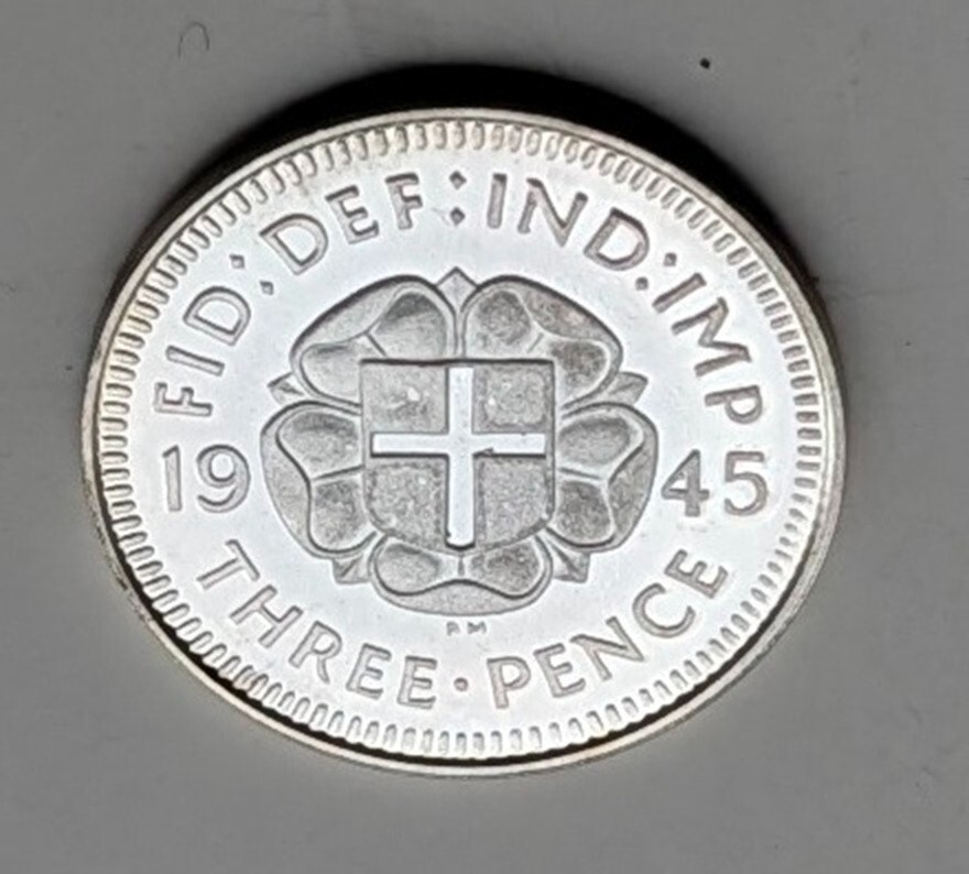 1945 SOLID SILVER 3 pence Coin Old World War II London King I Antique ...