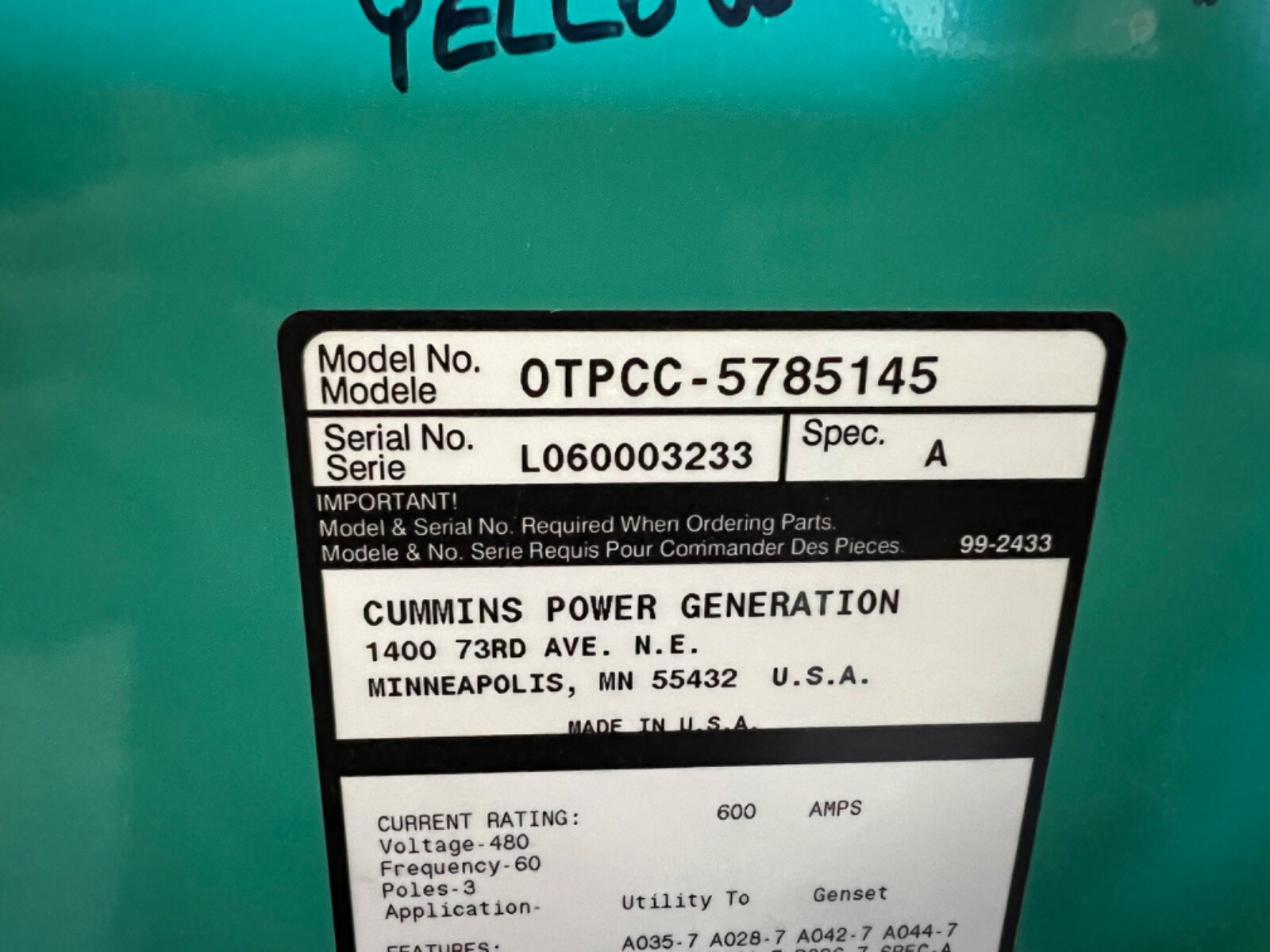 600 Amp Cummins Onan PowerCommand AutomaticTransfer Switch ATS 0TPCC ...