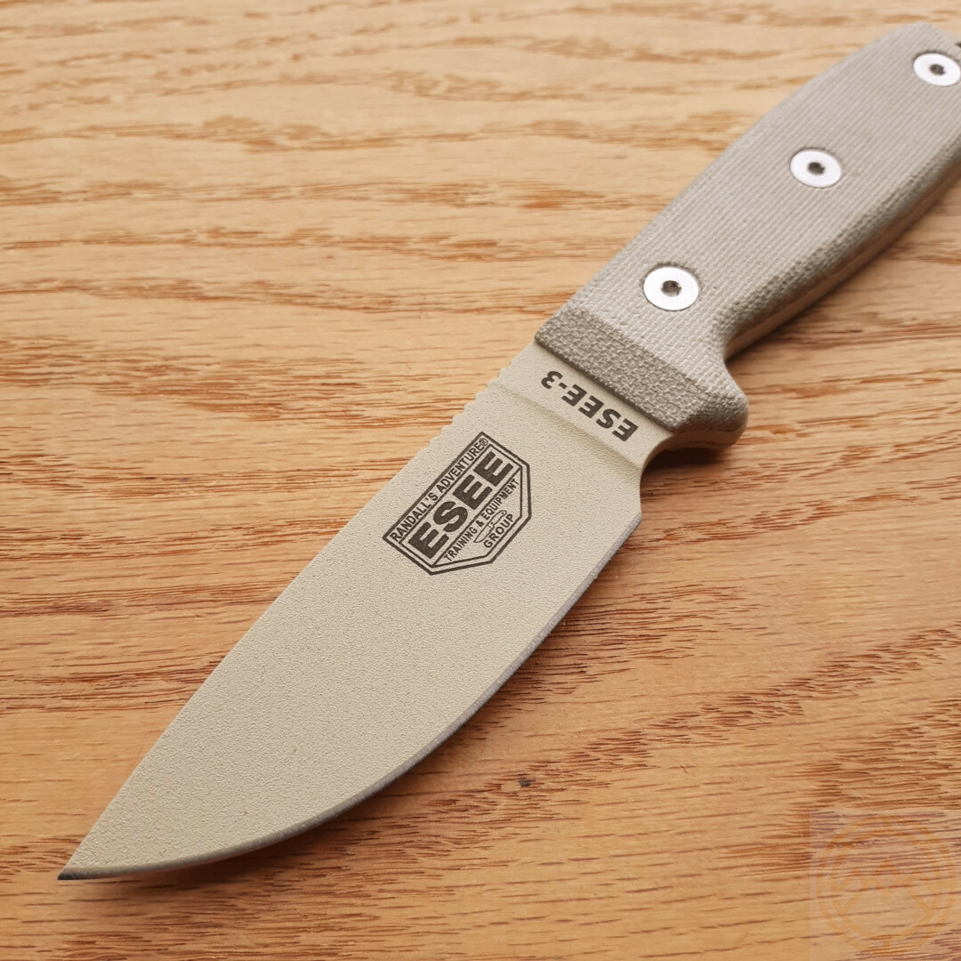 ESEE Model 3 Desert Fixed Knife 3.75" 1095HC Carbon Steel Blade Micarta ...