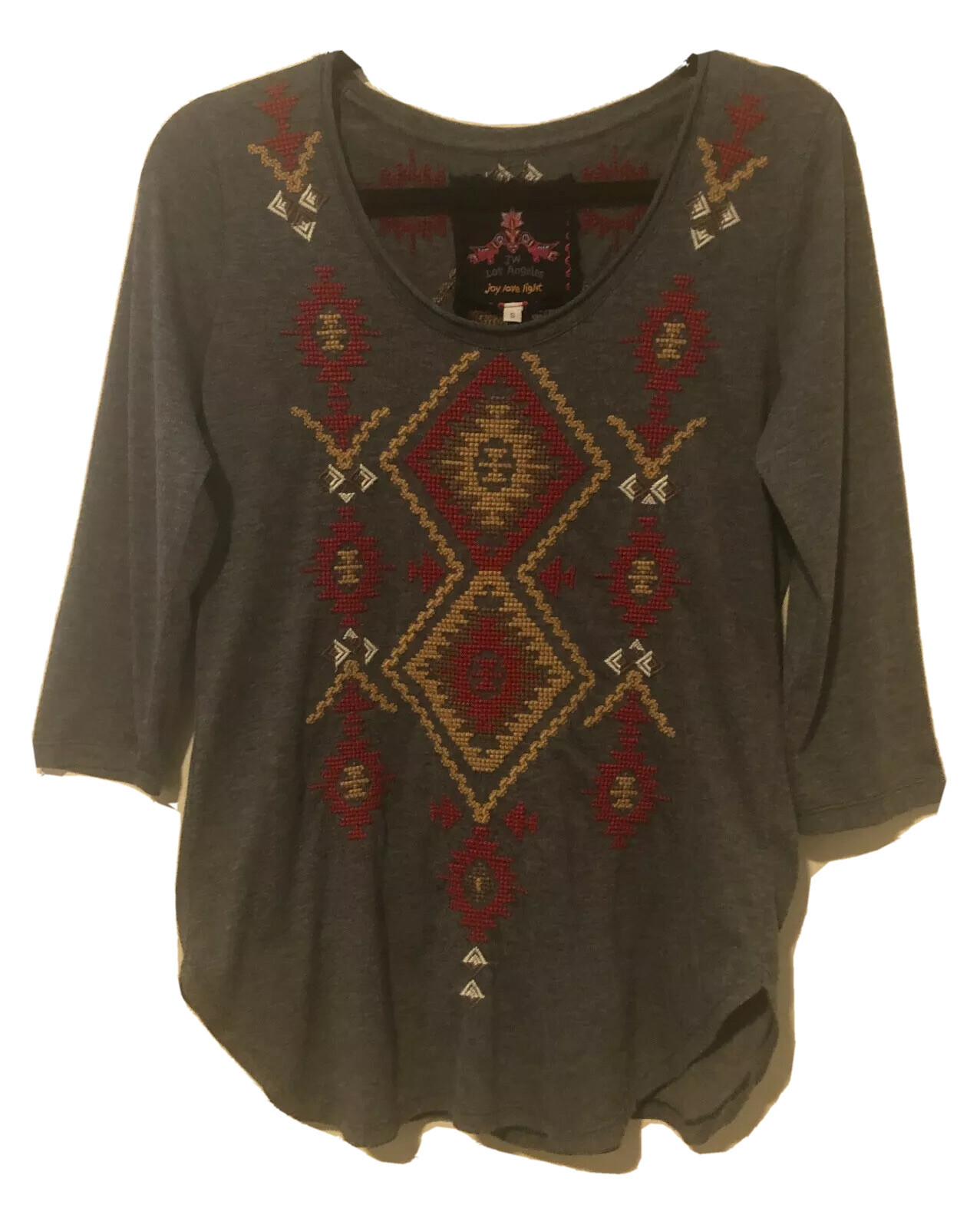 Johnny Was Aztec Embroidered Gray 3/4 Sleeve Knit Shi… - Gem
