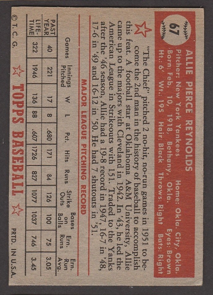 1952 TOPPS BASEBALL # 67 ALLIE REYNOLDS INV J2085 | eBay