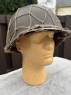 Early US WW2 M1 Helmet Rayon webbing, FS FB, netting, named with ...