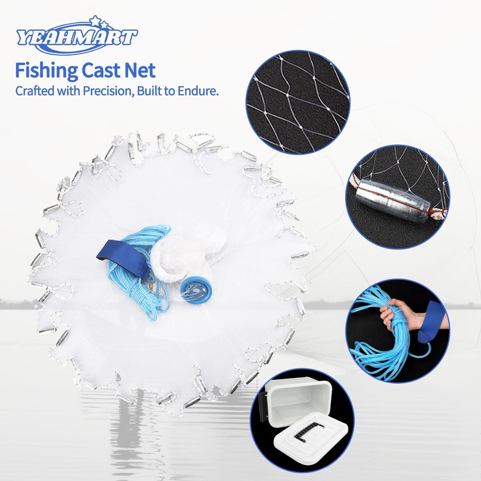 Yeahmart Cast Net 1/2" Mesh or 3/8" Mesh for Freshwater and Saltwater ...