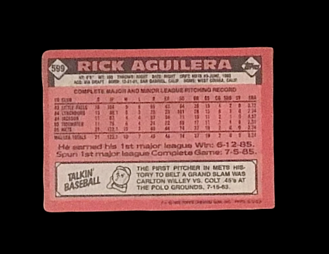 1986 Topps Rick Aguilera Rookie Baseball Card # 599 Mets Mint | eBay
