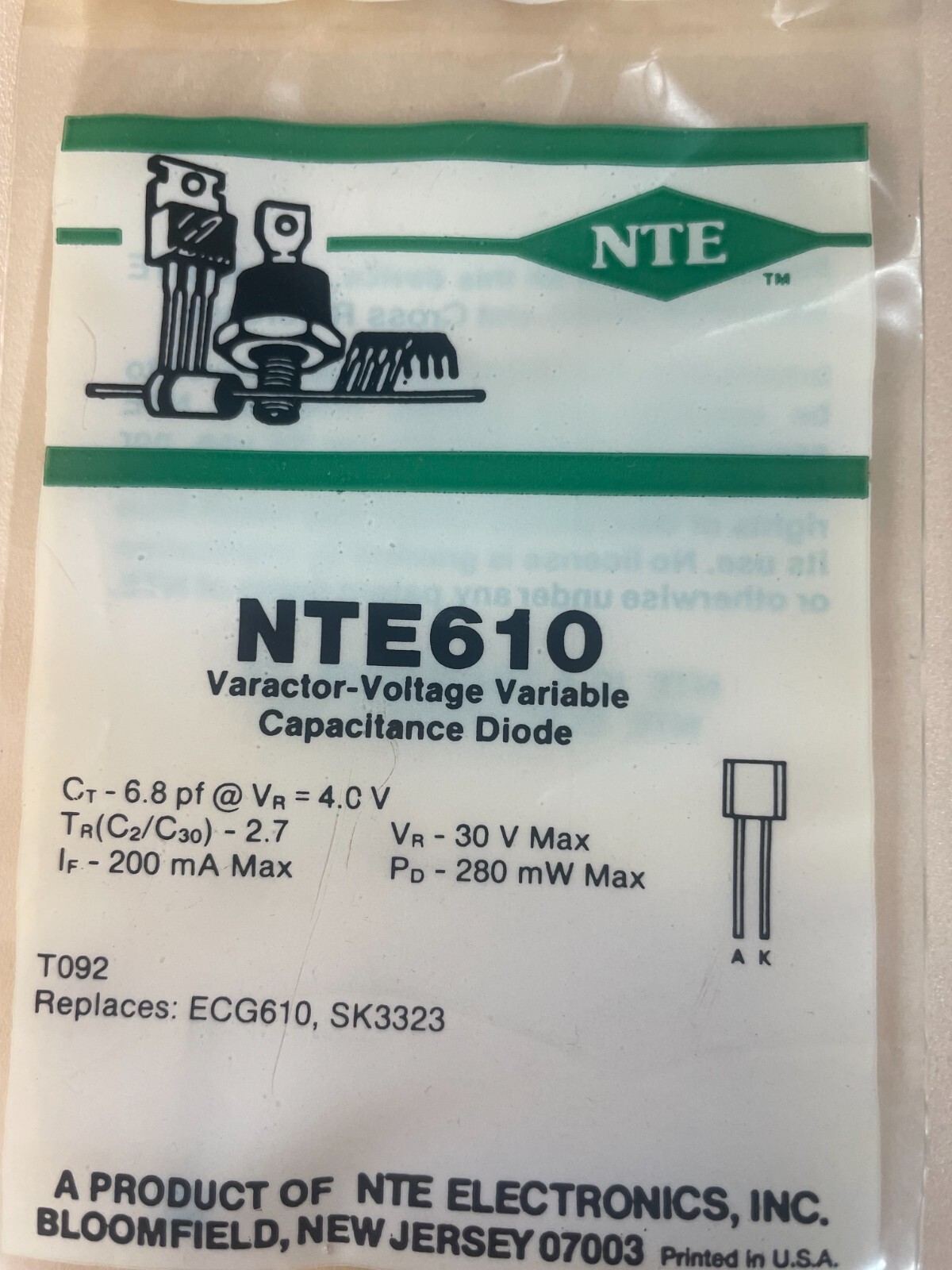 NTE Electronics NTE610 VARACTOR-6.8PF AT 4V VBR=30V IF=200MA RADIAL LEAD | eBay
