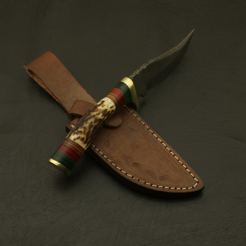 CUSTOM MADE HAND FORGED DAMASCUS 8" HUNTING/SKINNING KNIFE -STAG/ANTLER ...