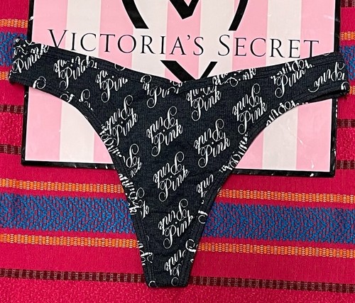 VICTORIA'S SECRET PINK Size M Thong String V-Cut Rib Pure Black Script ...