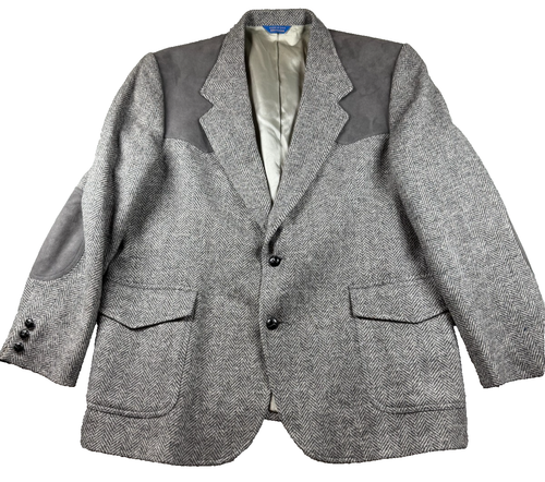 Vtg Pendleton 48R Wool Tweed Sport Coat Blazer Gray Herringbone Suede ...