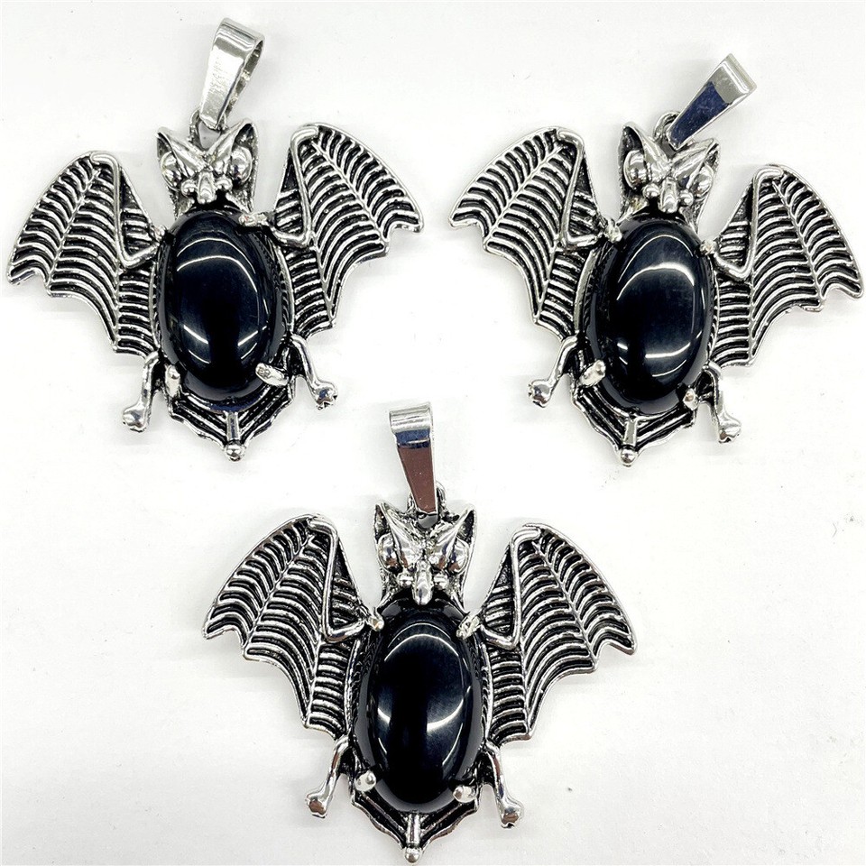 3pcs Natural Obsidian Stone Gems Alloy Bat Pendants Magic Reiki Healing ...