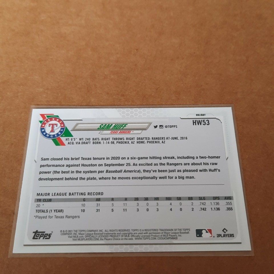 2021 Topps Holiday Sam Huff RC HW53 Texas Rangers Baseball | eBay