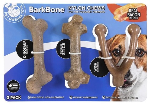 BarkBone Variety Chews 3 Pack Durable Chew Toy Bone Bacon Infused Bark ...