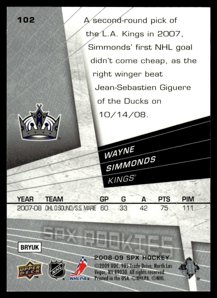 2008-09 SPx RC Wayne Simmonds Rookie /499 Los Angeles Kings #102 | eBay