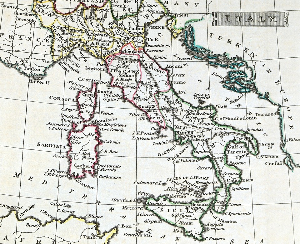 1795 John Russell Map Italy Rome Florence Naples Sicily Venice Milan ...