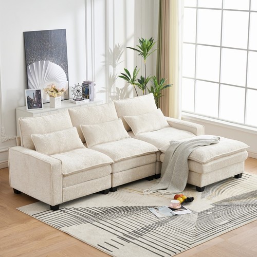 99" L-Shaped Chenille Sectional Sofa w/ Ottoman, Beige, 4-Seat | eBay