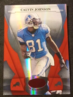 2008 CALVIN JOHNSON LEAF CERTIFIED MATERIALS #43 MIRROR RED #064/100 ...