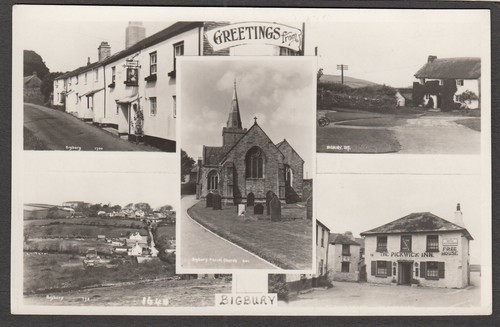 Postcard Bigbury nr Salcombe Devon multiview Pickwick Inn pub church ...