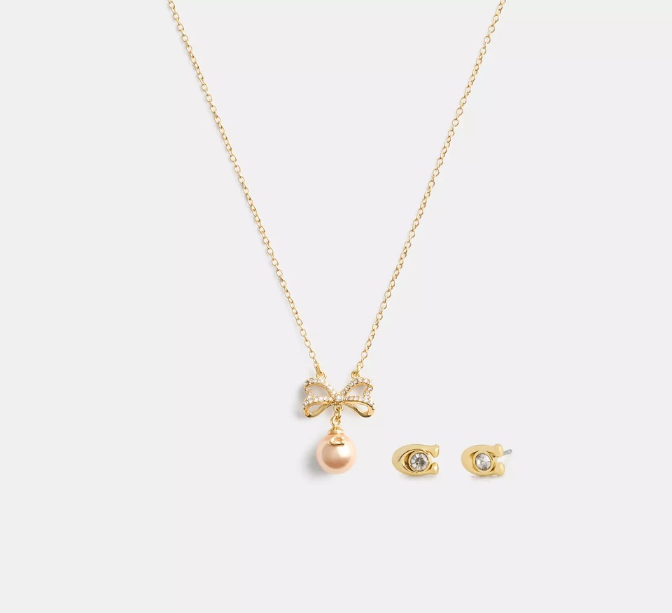 COACH Bow Pearl Necklace/ Earrings Set CY107/CY109/CY110 ( Ship out in ...