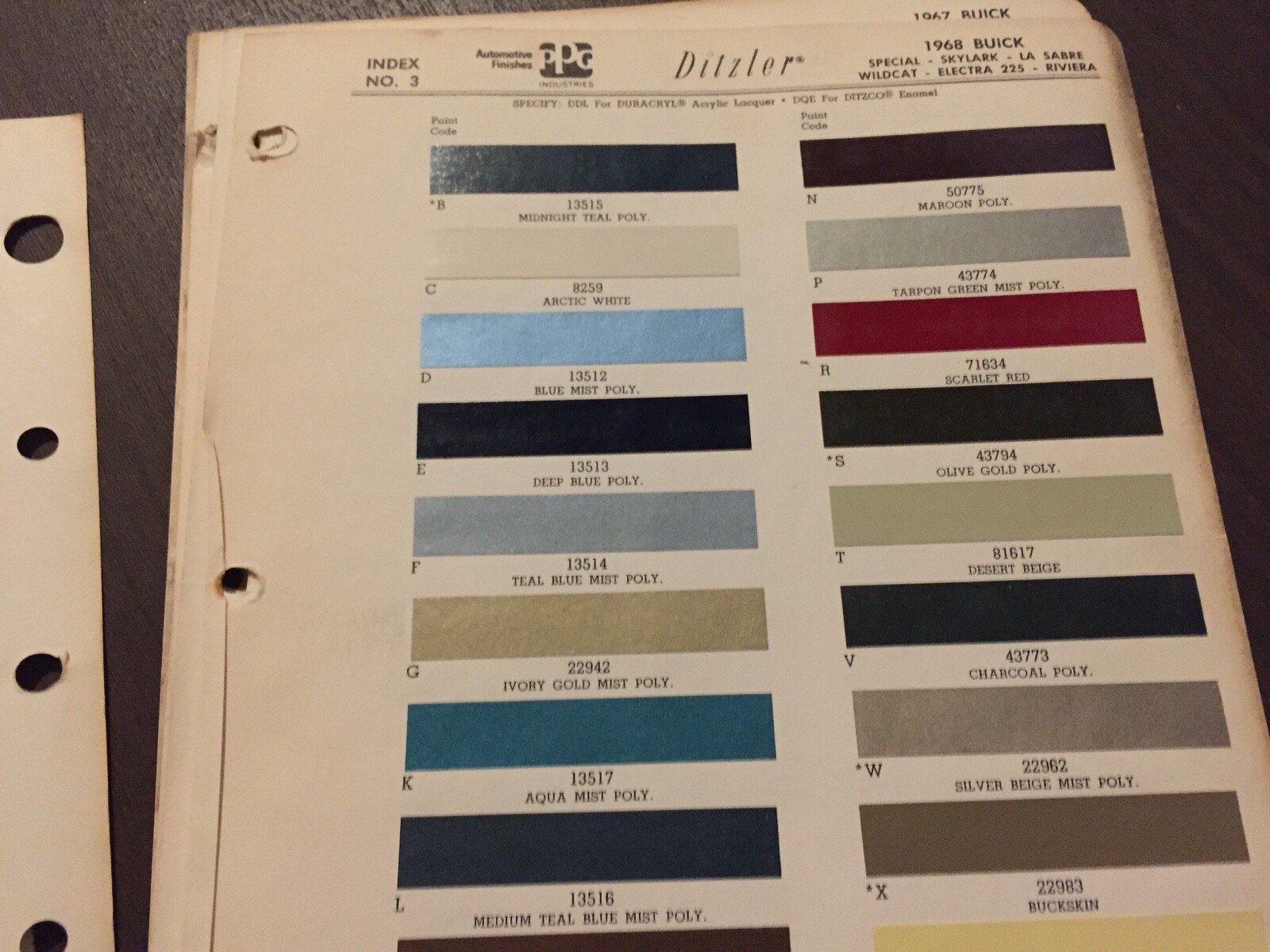 1968 BUICK,SKYLARK,LESABRE,RIVIERA,WILDCAT,225 ,PAINT CHIPS CHART ...