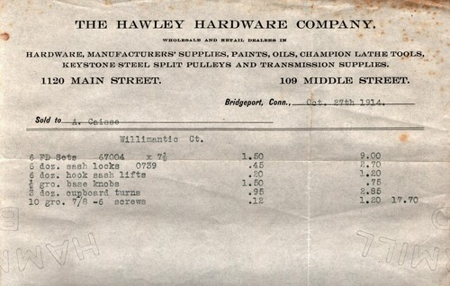 1914 Bridgeport Connecticut The Hawley Hardware Co. Receipt 8" x 5" | eBay