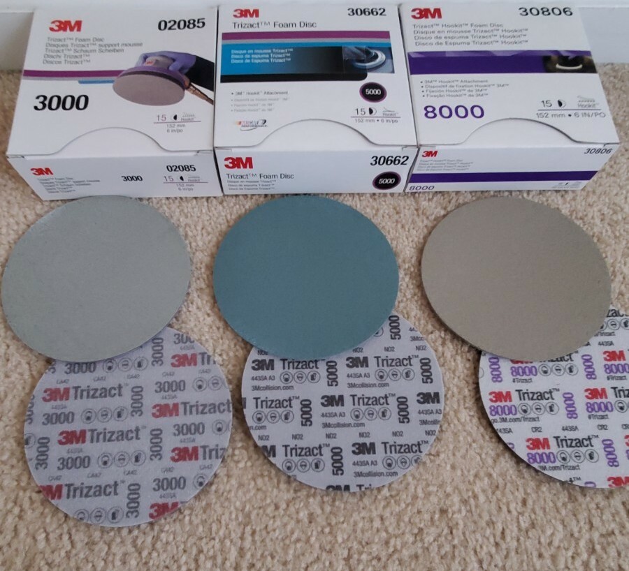 3M TRIZACT 6" HOOKIT: 3000, 5000, 8000. 2 DISCS OF EACH GRIT. (6 TOTAL ...
