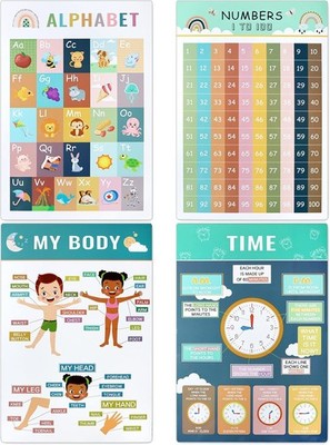 ICEBLUEOR 4 Pieces Educational Posters, Wall Learning Chart Alphabet ...