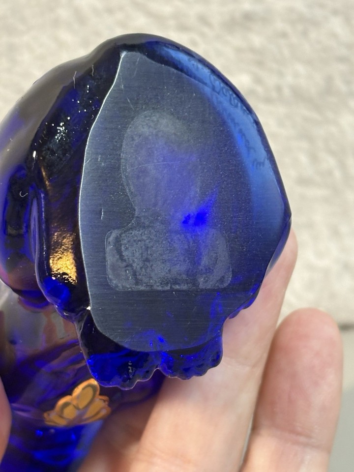 Fenton Cat Glass Figurine Cobalt Blue Hand Painted Gold Leaves Signed ...