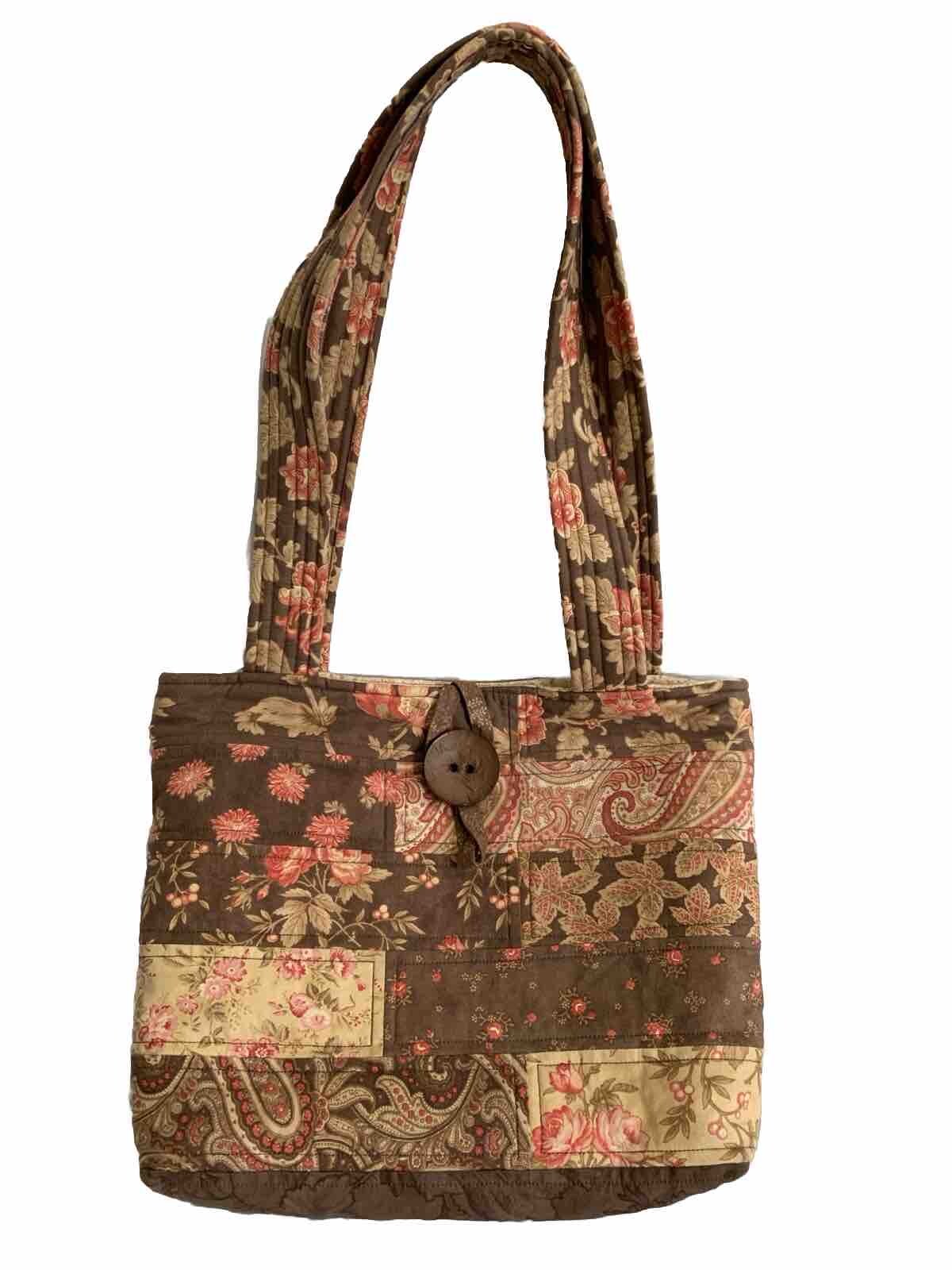 Quilted Tote Purse Brown & Pink Floral Patchwork Strips Roses ...
