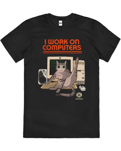 I Work on Computers Funny Cat Art Animal Cotton T-Shirt Unisex Tee ...