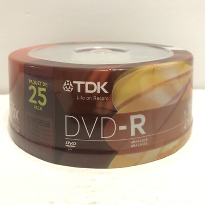 TDK DVD-R 4.7GB 16X 25-Pack Recordable Discs Spindle-Pack New Unopened ...