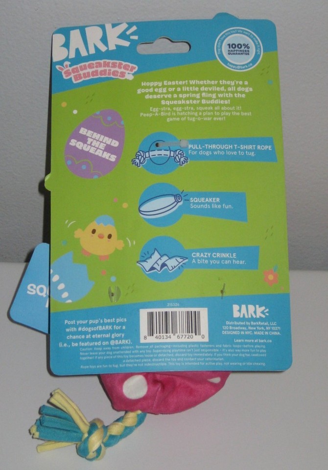 Bark Dog Toy SQUEAKSTER BUDDIES XS S M 0-50 lb Chicken Rope Tug Squeaks ...
