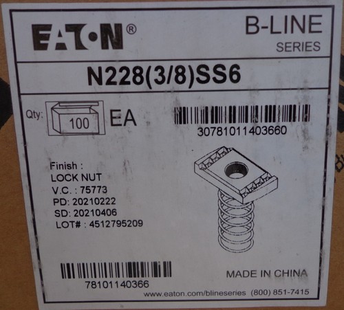 Eaton B-Line Spring Lock Nut N228(3/8)SS6 3/8" Stainless Steel *Box of ...