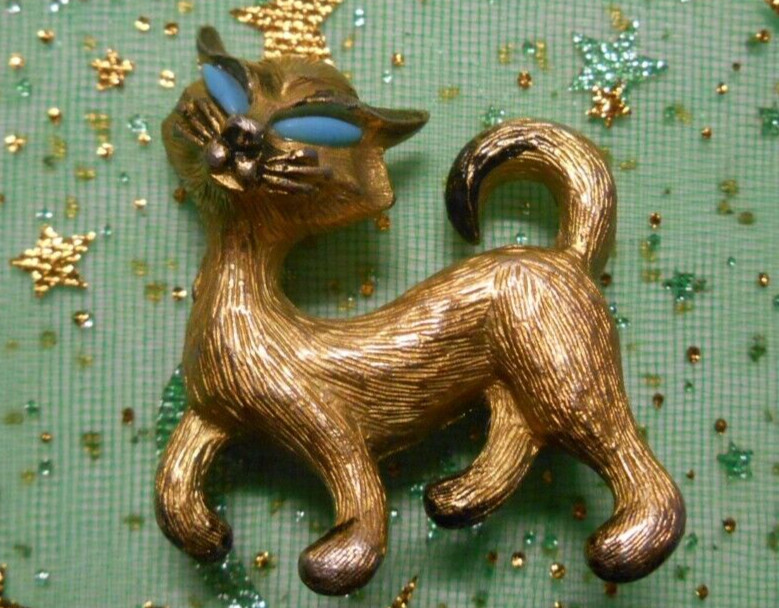 Vintage Retro 1960's Brooch Pin SIAMESE CAT Turquoise… - Gem