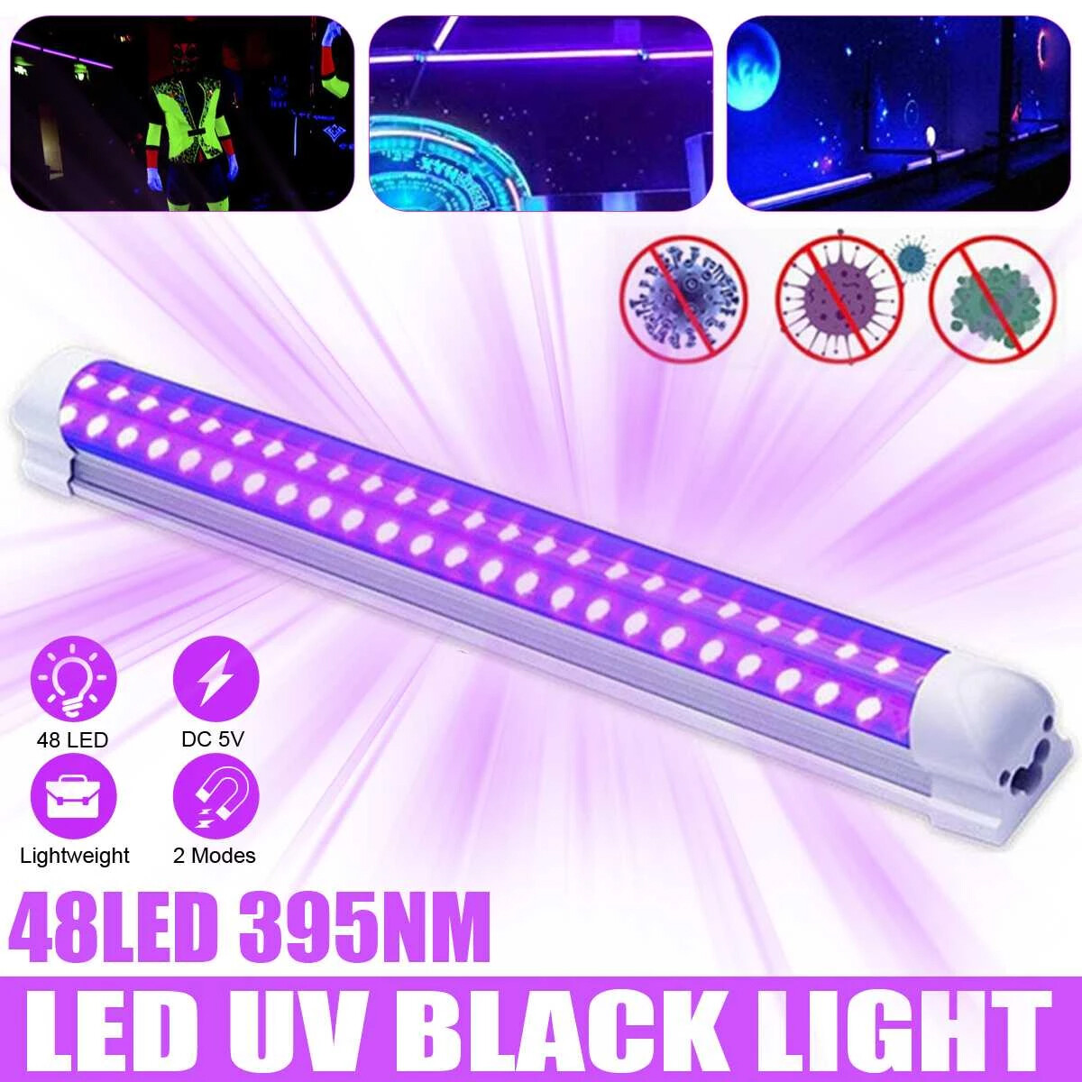 2x LED UV Ultraviolet Strip Tube Light Bar Party Lamp Blacklight USB 48 ...