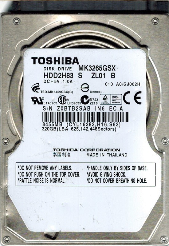 Toshiba MK3265GSX 320GB HDD2H83 S ZL01 B A0/GJ002H | eBay