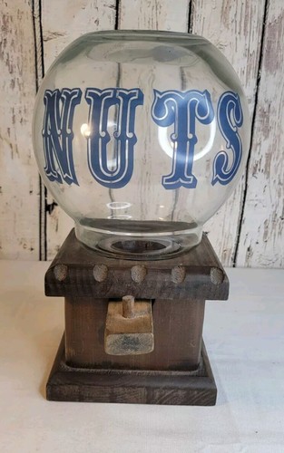 Wooden NUTS Peanut Dispenser Glass Globe Candy Machine Jar Vintage ...