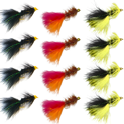 12 Pc Woolly Bugger – Fire Tiger, Black, Yellow - Fly Fishing Flies ...