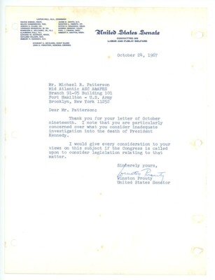 U.S. SENATOR WINSTON PROUTY signed 1967 TLS letter WARREN COMMISSION ...