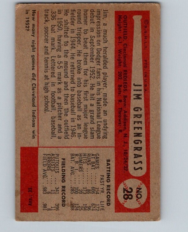 1954 BOWMAN BASEBALL #28 JIM GREENGRASS VG/VGEX SET BREAK! | eBay
