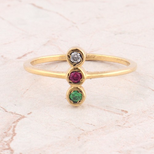 Multi Tiny Hydro Quartz Yellow Gold Plated Round Three Gemstones Ring ...