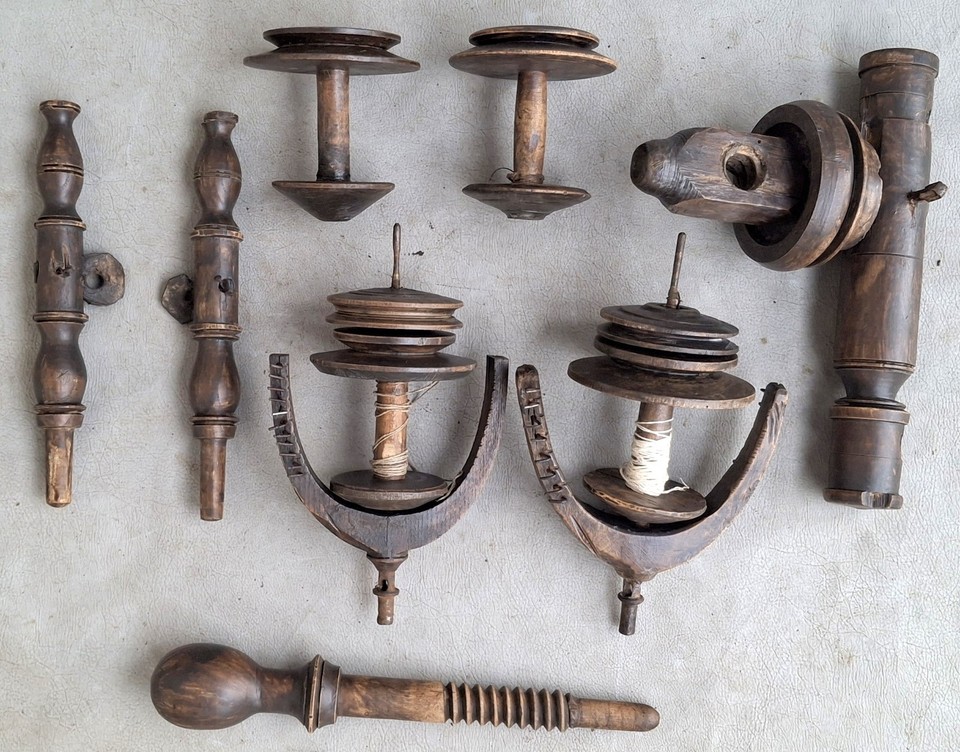 ANTIQUE WOODEN SPINNING WHEEL SPOOL FLYER FRAME+ADDITIONAL SPOOL FLYER+ ...