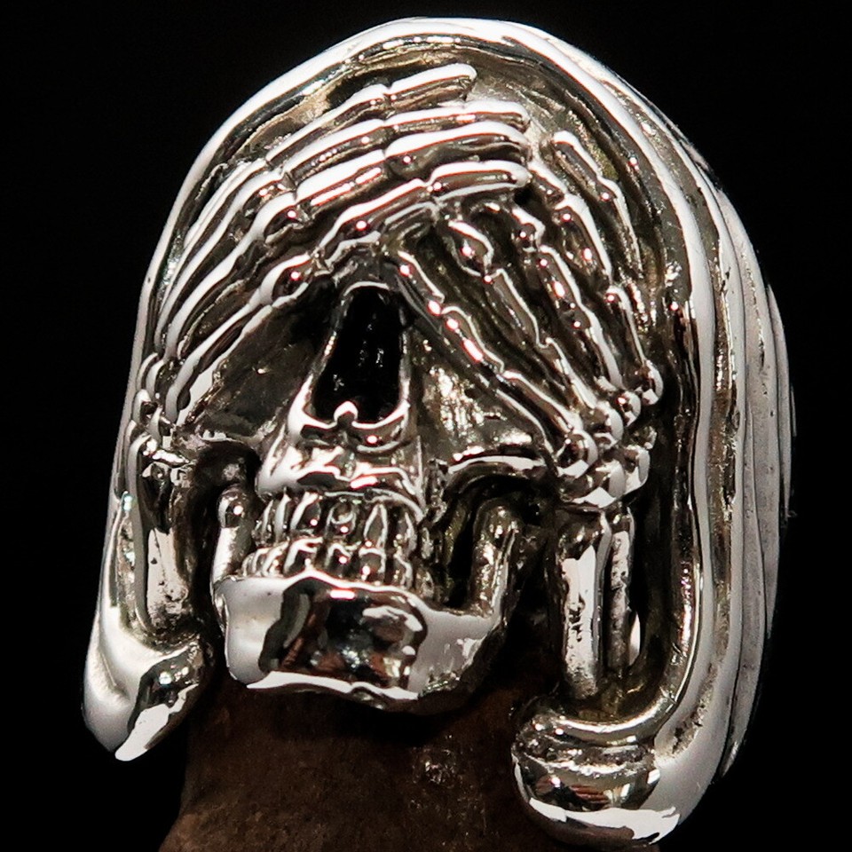 MENS STERLING SILVER BIKER RING, GRIM REAPER RING, SKULL HANDS ON EYES ...