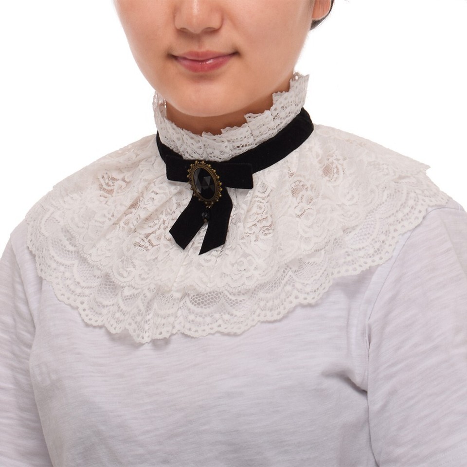 Victorian Lady White Neck Ruff Lace up Bowknot Edwardian Girls High ...