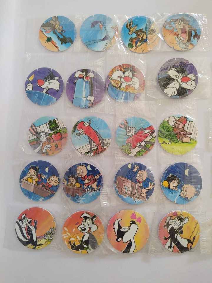 40x Sealed Vintage Looney Tunes Greek Tazos Pogs Mega Tasty Tops 1995 ...